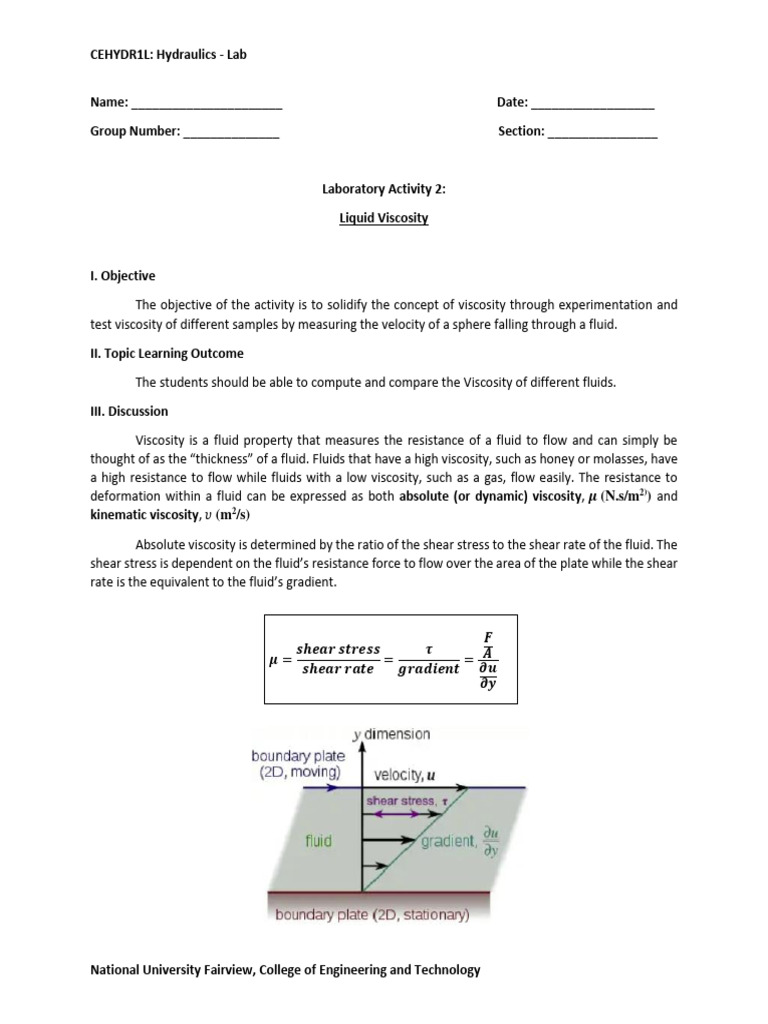 Laboratory Activity 2 Cehydr1l Pdf Viscosity Shear Stress