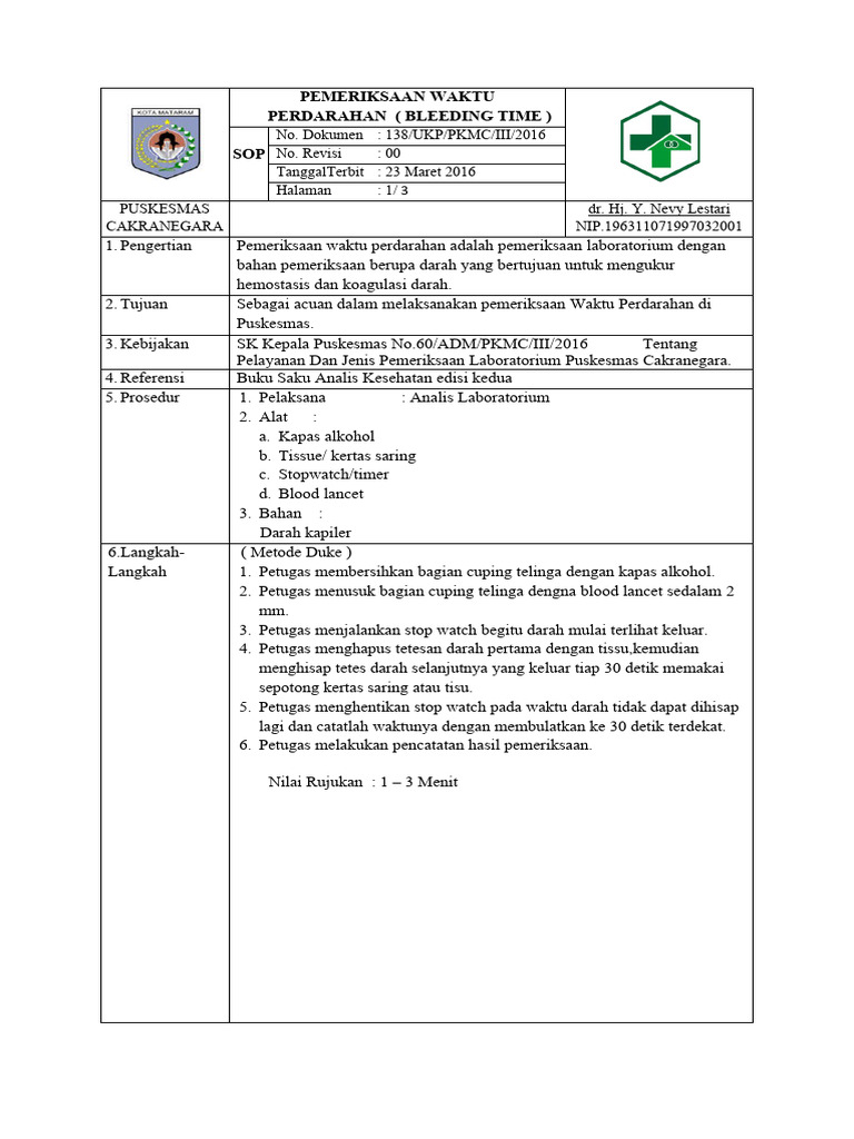138 SOP Bleeding Time | PDF