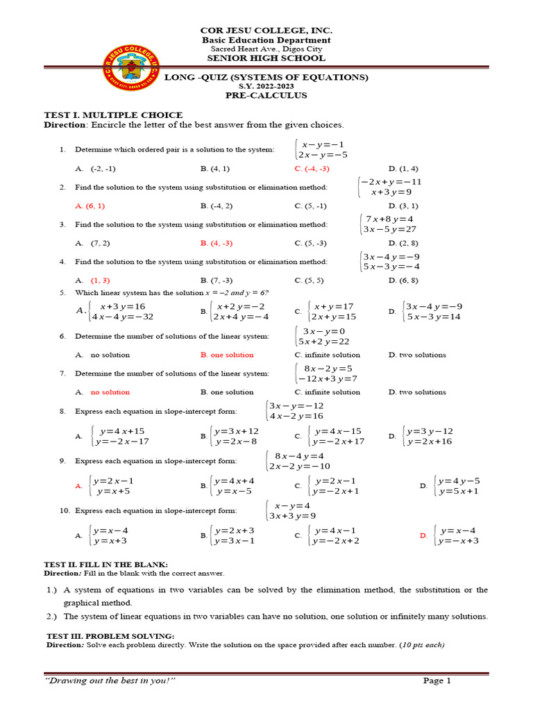 Systems of Linear Equations (Rev.01) W Answer | Download Free PDF | System Of Linear Equations ...
