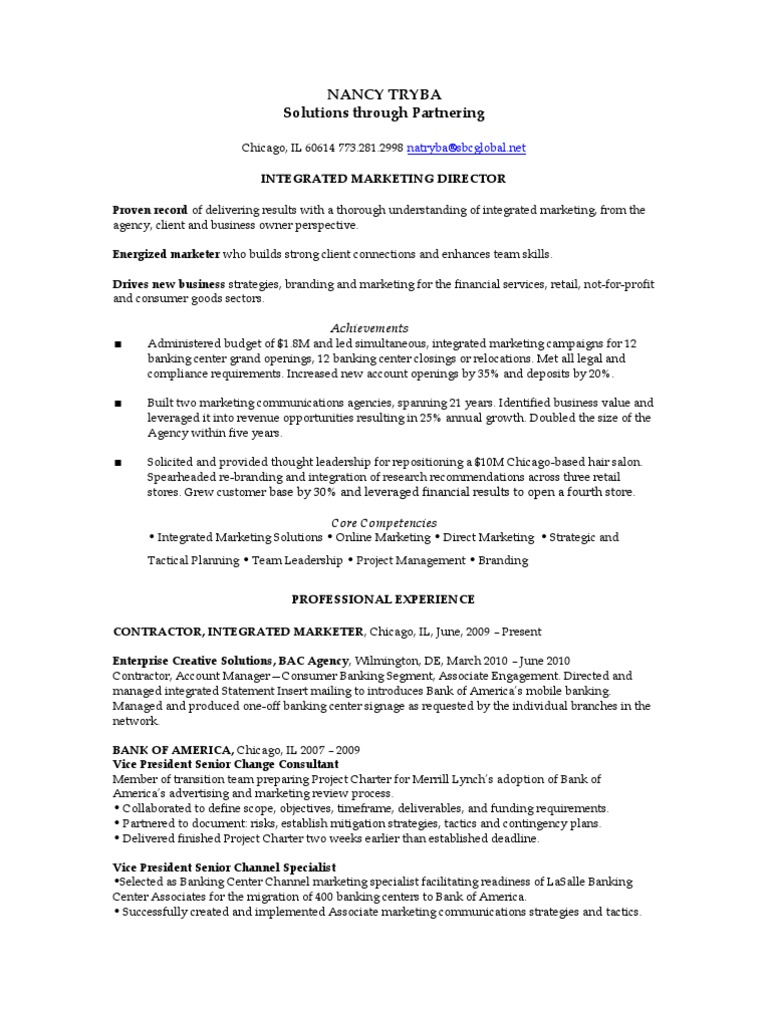 Integrated Marketing Director in Chicago IL Resume Nancy Tryba | PDF ...