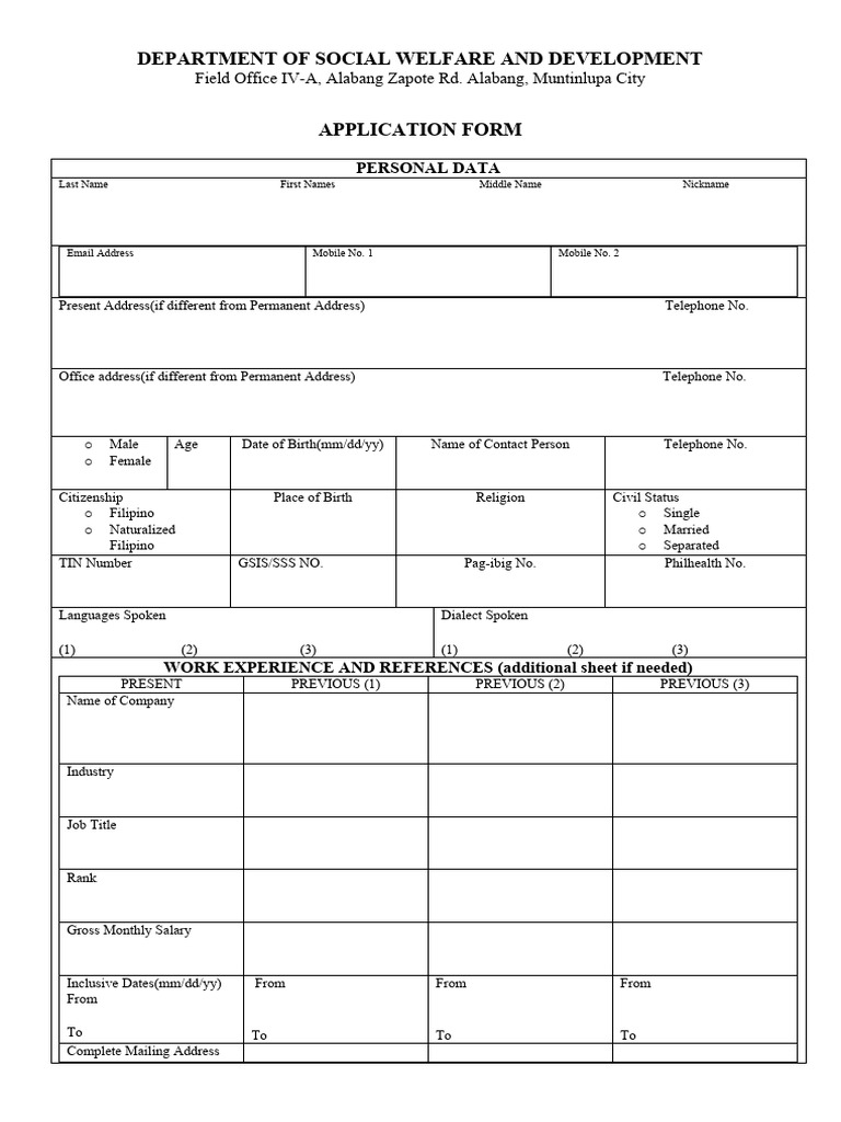 DSWD Employment Application Form | PDF | Government | Justice