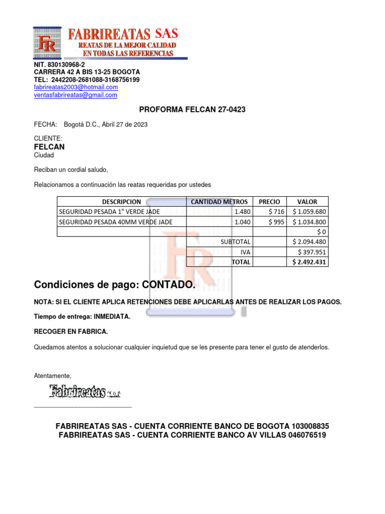 Proforma de Reatas para FELCAN | PDF