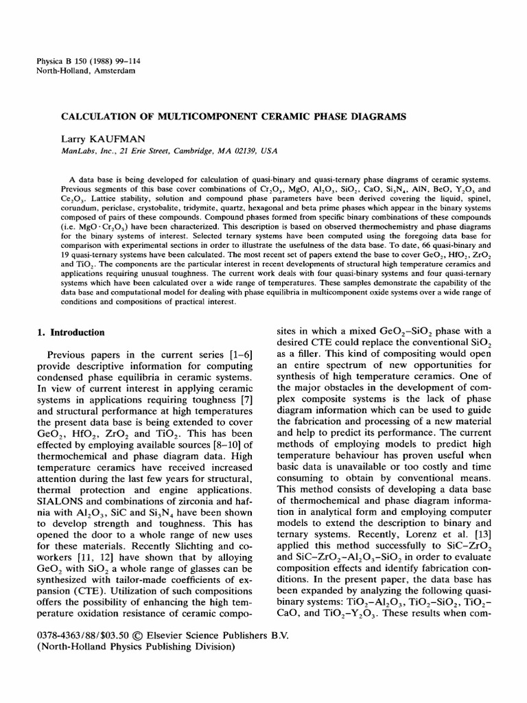 Calculation of Multicomponent Ceramic Phase Diagrams | PDF