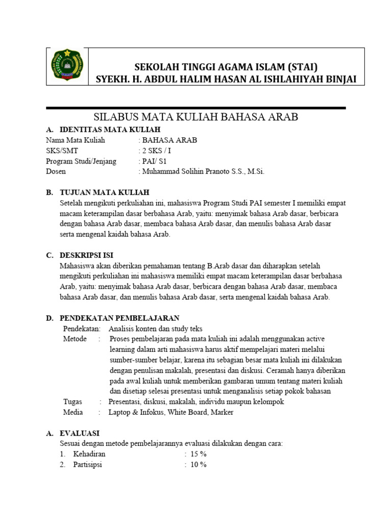 Silabus B.arab Prodi PAI | PDF