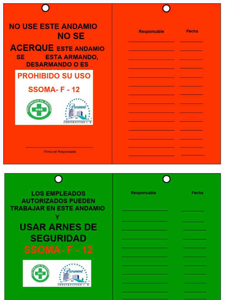 Ssoma-F-12 Tarjeta de Andamios (Rojo, Amarillo y Verde) | PDF