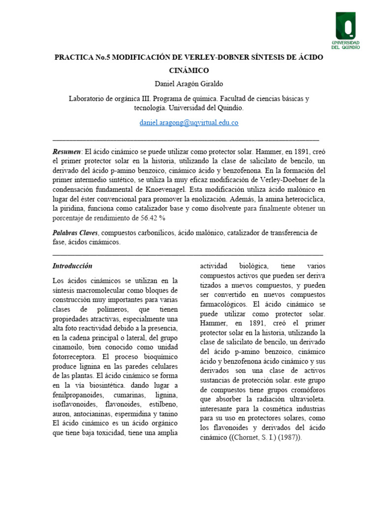 Síntesis de Ácido Cinámico: Modificación Verley-Doebner | PDF | Ciencia ...