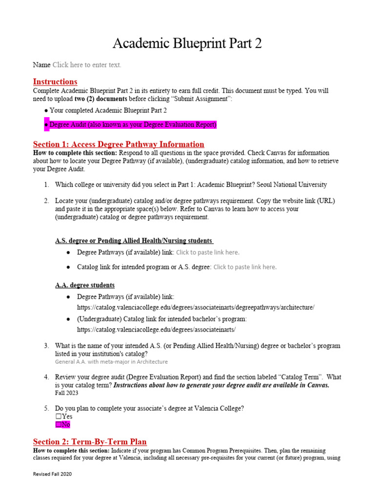 Academic Blueprint Part 2 Revfa20 Pdf Course Credit Bachelor S Degree