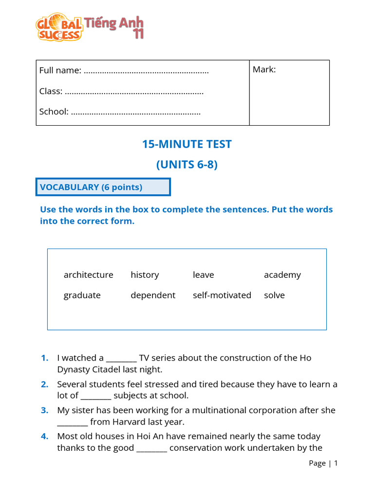 15-Minute Test 3 (Units 6-8) | Download Free PDF | Learning | Cognition