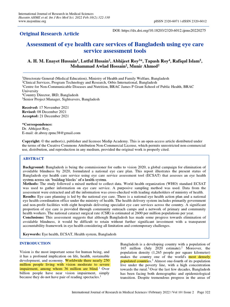 Assessment of Eye Health Care Services of Bangladesh Using Eye Care | PDF