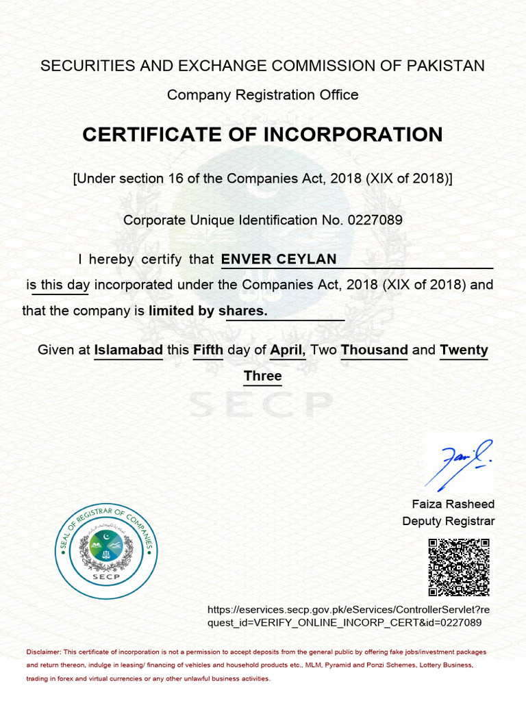 Certificate of Incorporation - Pakistan | PDF
