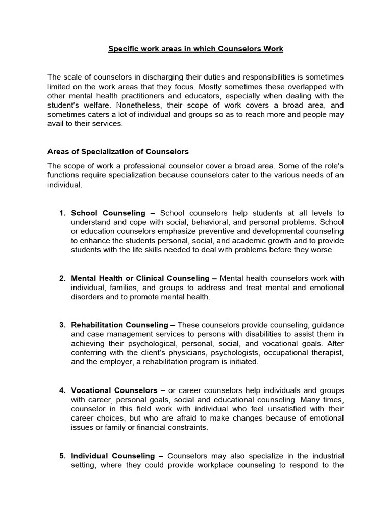 Specific Work Areas in Which Counselors Work | PDF
