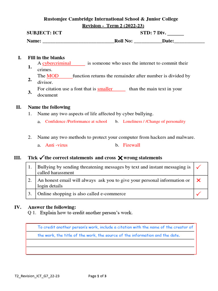 Grade 7 ICT Revision Worksheet | PDF | Malware | Cyberbullying