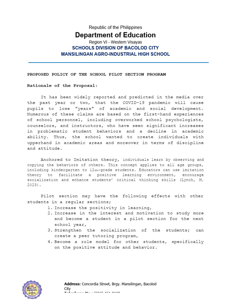 Policy of The School Pilot Section Program | Download Free PDF ...