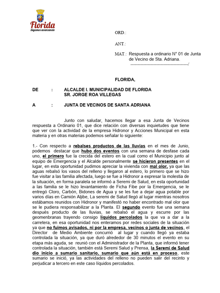 Respuesta JJVV Santa Adriana. | PDF