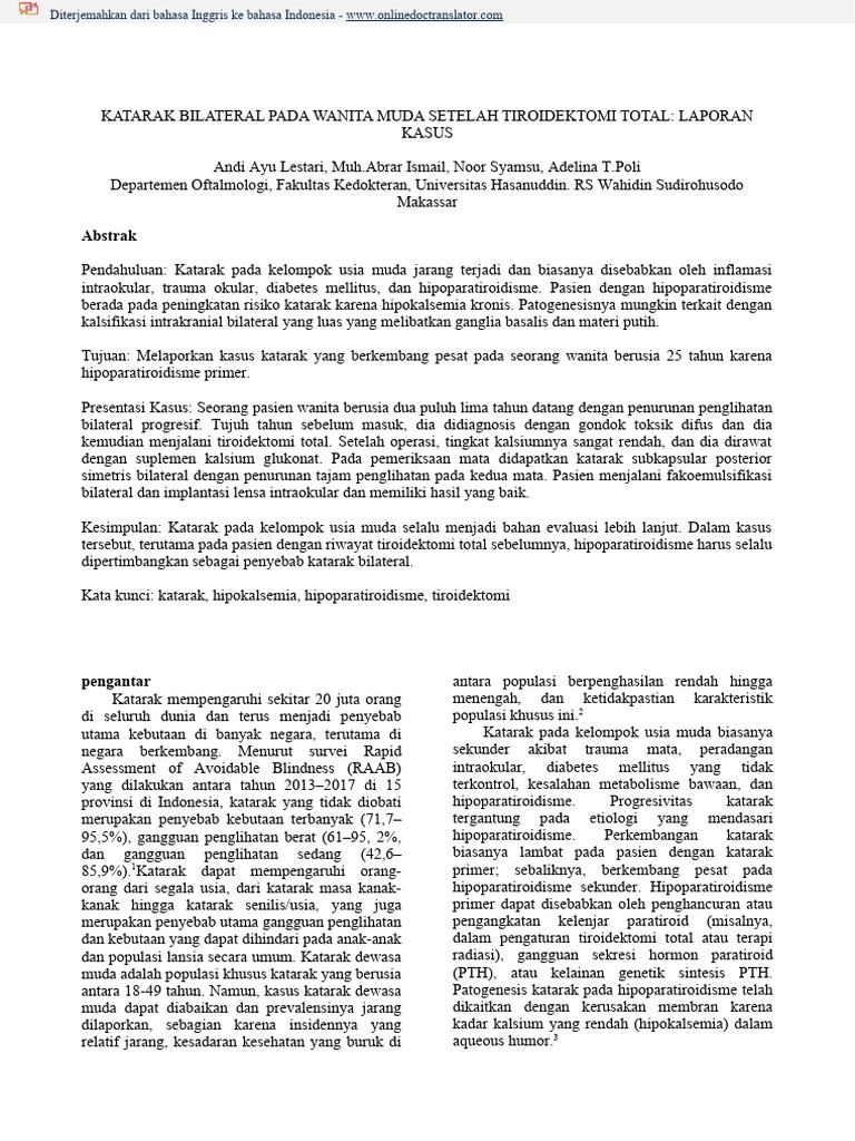 HYPOCALCEMIC CATARACT FOLLOWING TOTAL THYROIDECTOMY IN A YOUNG WOMAN ...