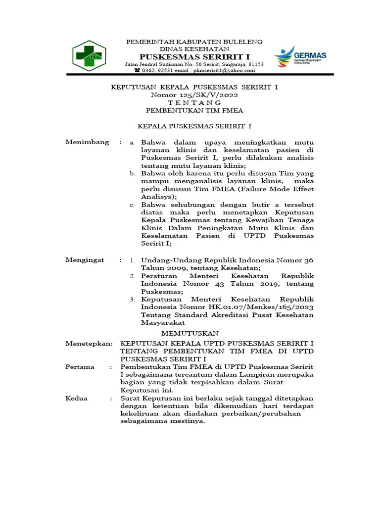 SK TIM FMEA PKM Seririt I-1 | PDF