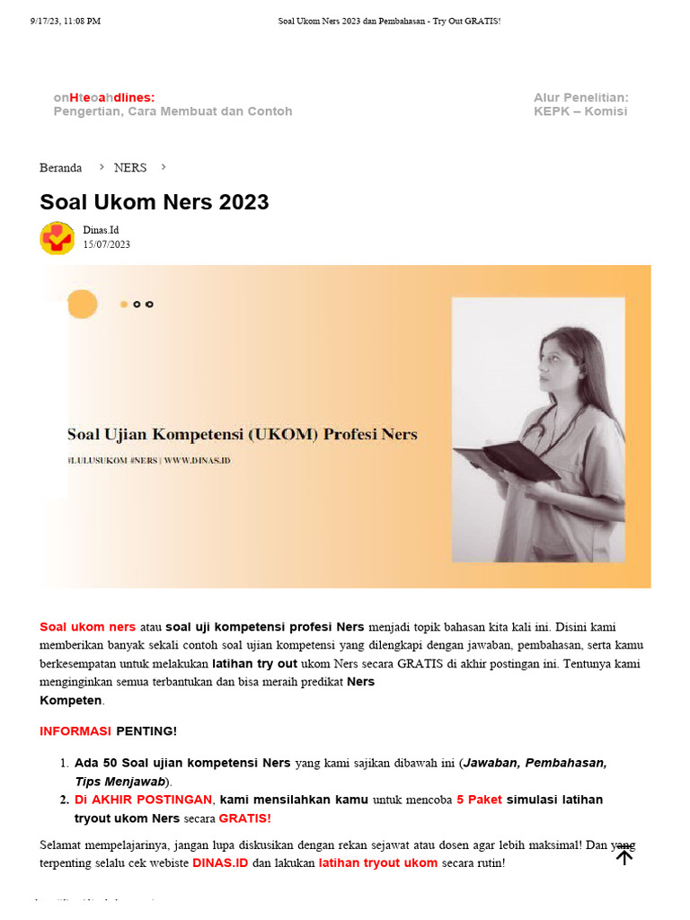 Soal Ukom Ners 2023 Dan Pembahasan - Try Out GRATIS! | PDF