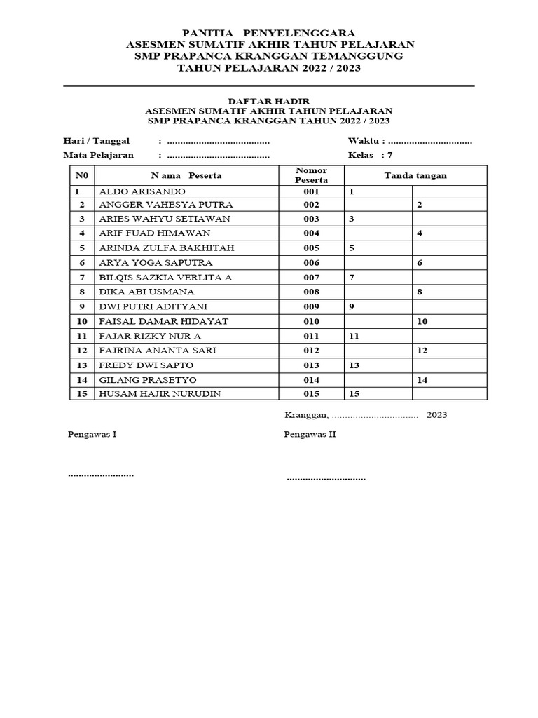 Daftar Hadir Peserta Asesmen Sumatif Akhir Tahun KLS 7 8 TH 2023 | PDF
