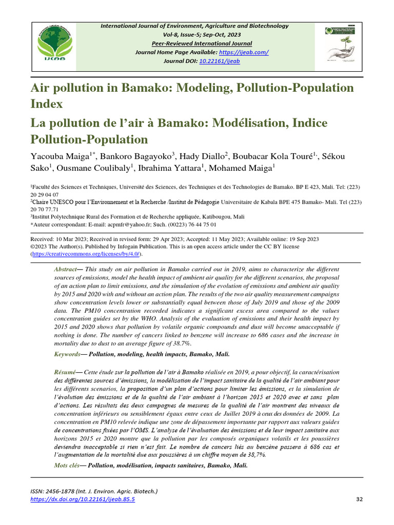 Air Pollution in Bamako: Modeling, Pollution-Population Index | PDF