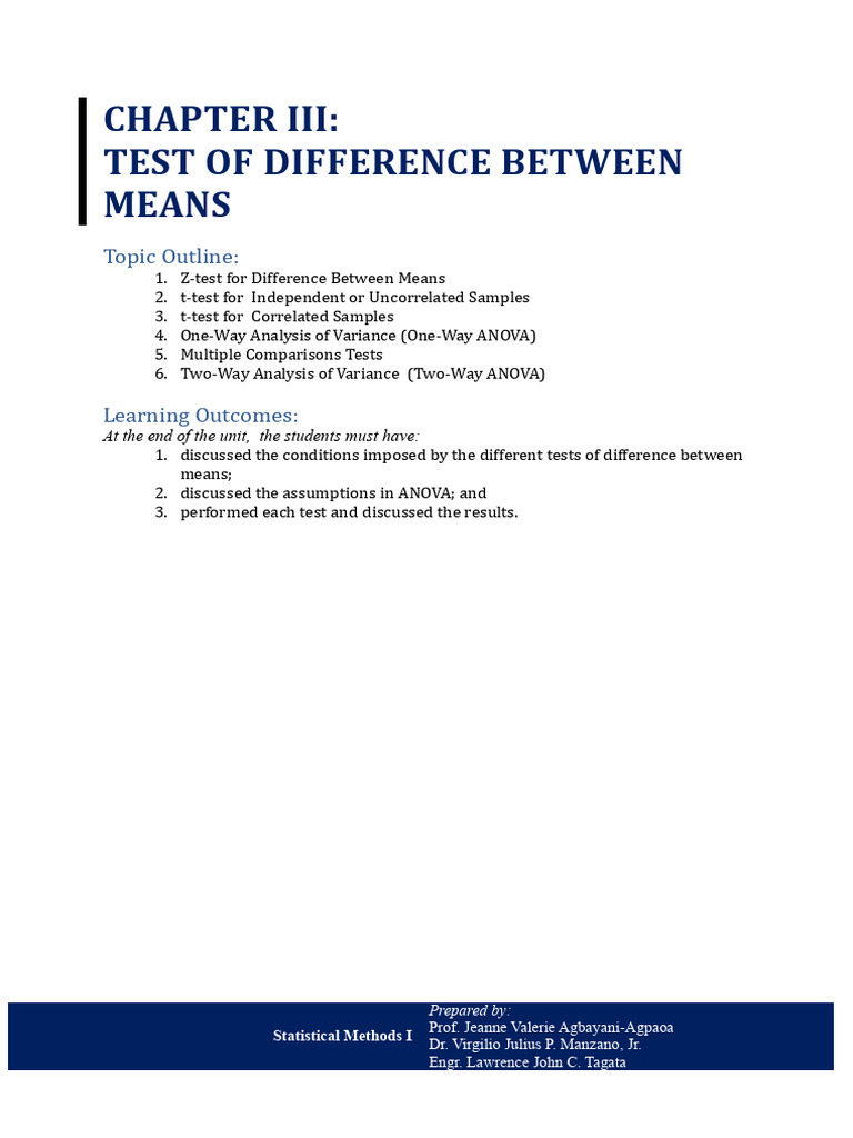 Difference Between Means Testing Methods | PDF | Statistical Hypothesis ...