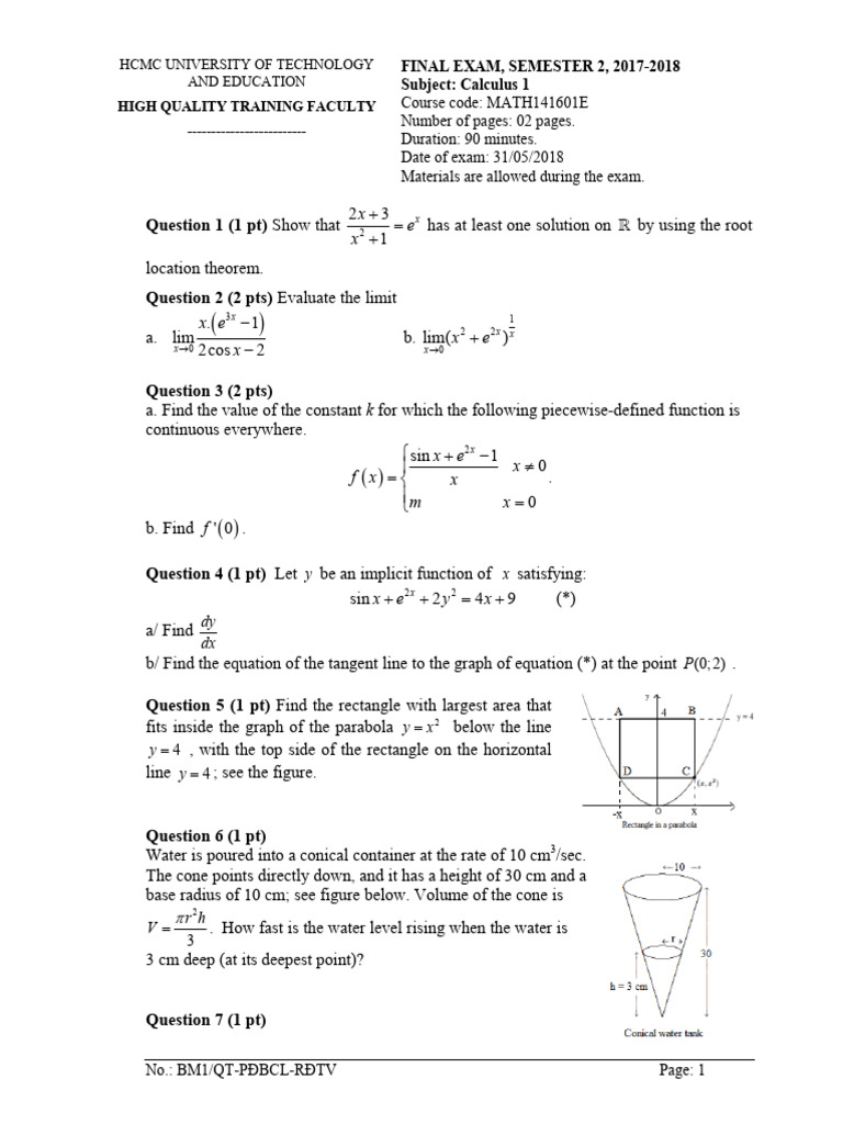 Calculus 1 Final Exam 2018 | PDF