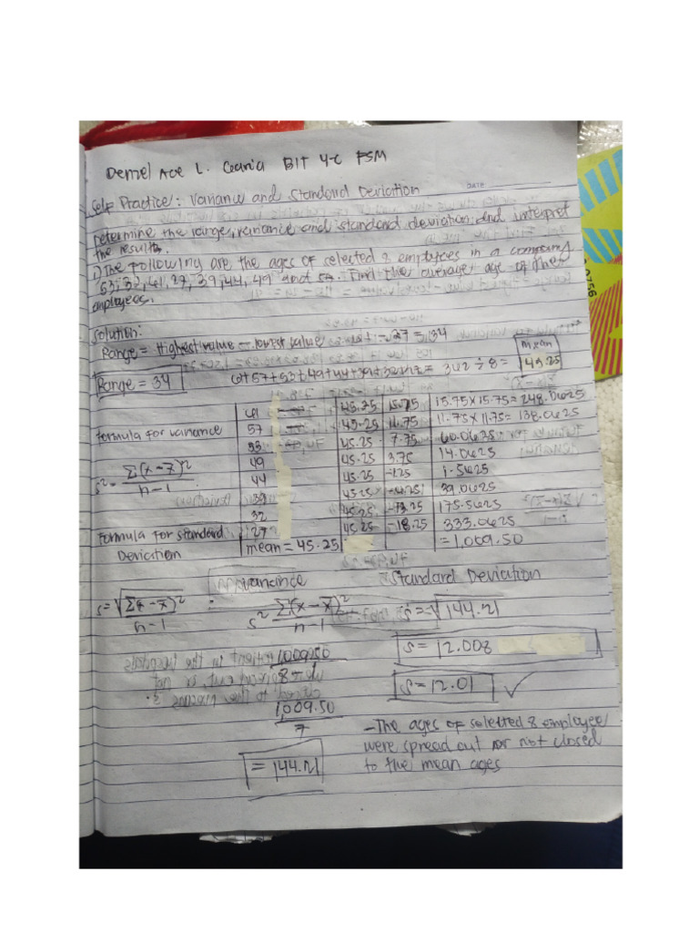 Self Practice Variance And Standard Deviation Pdf