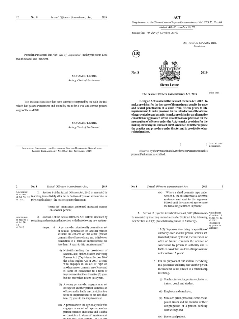 ROGEE Sierra Leone Act Sexual Offences 2019 | PDF | Sexual Assault | Assault