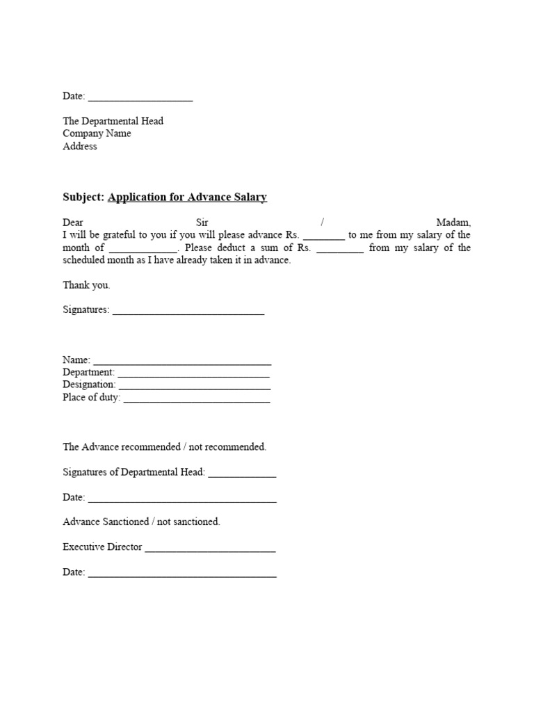 Advance Salary Application Form Format in Ms Word | PDF