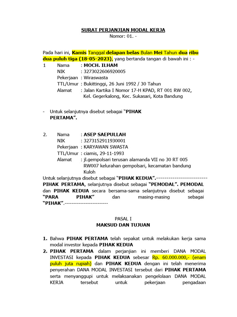 SURAT PERJANJIAN MODAL KERJA pengadaan barang | PDF