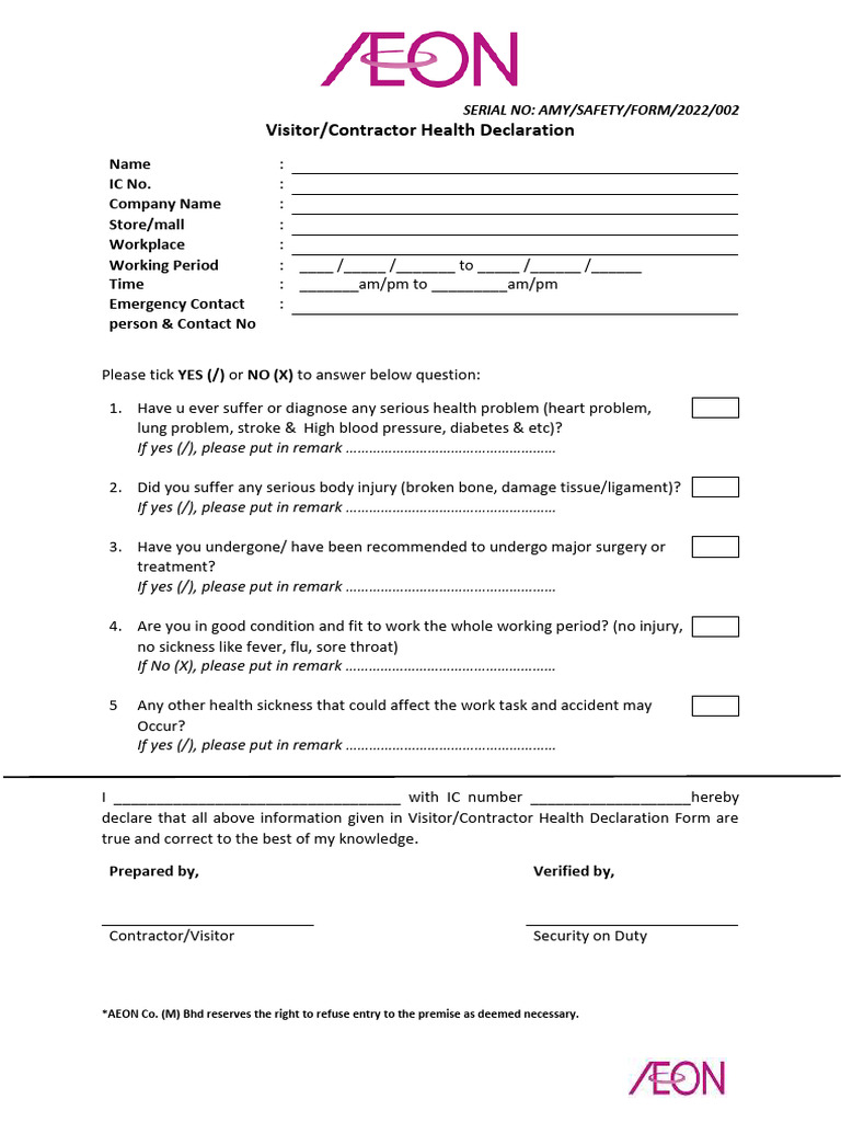 Visitor & COntractor Health Declaration Form (AMY) - 2023 | PDF