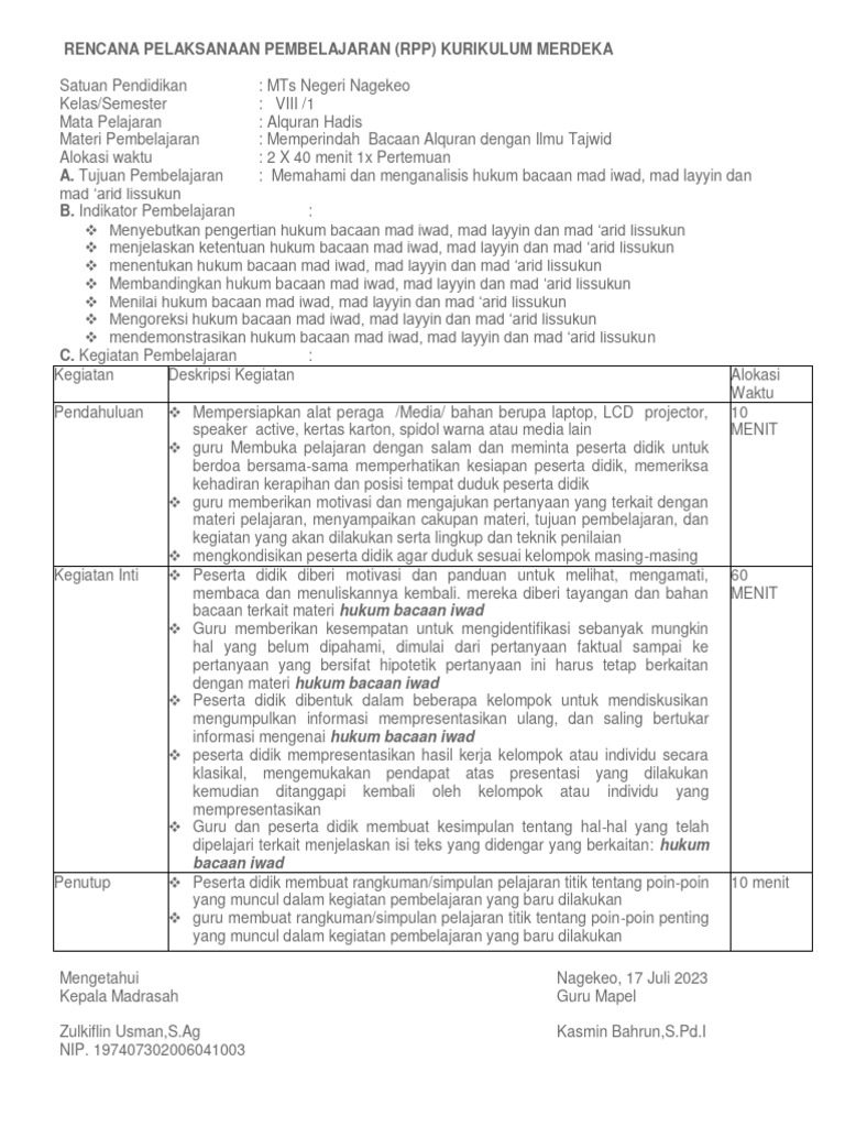 RPP 1 Materi Mad Iwad | PDF