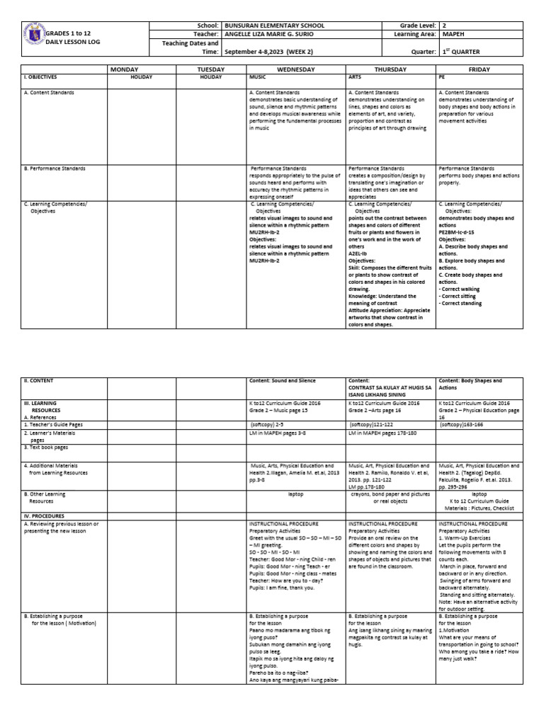GR.2 Mapeh 2 - Q1 - W2 DLL | PDF | Curriculum | Physical Education