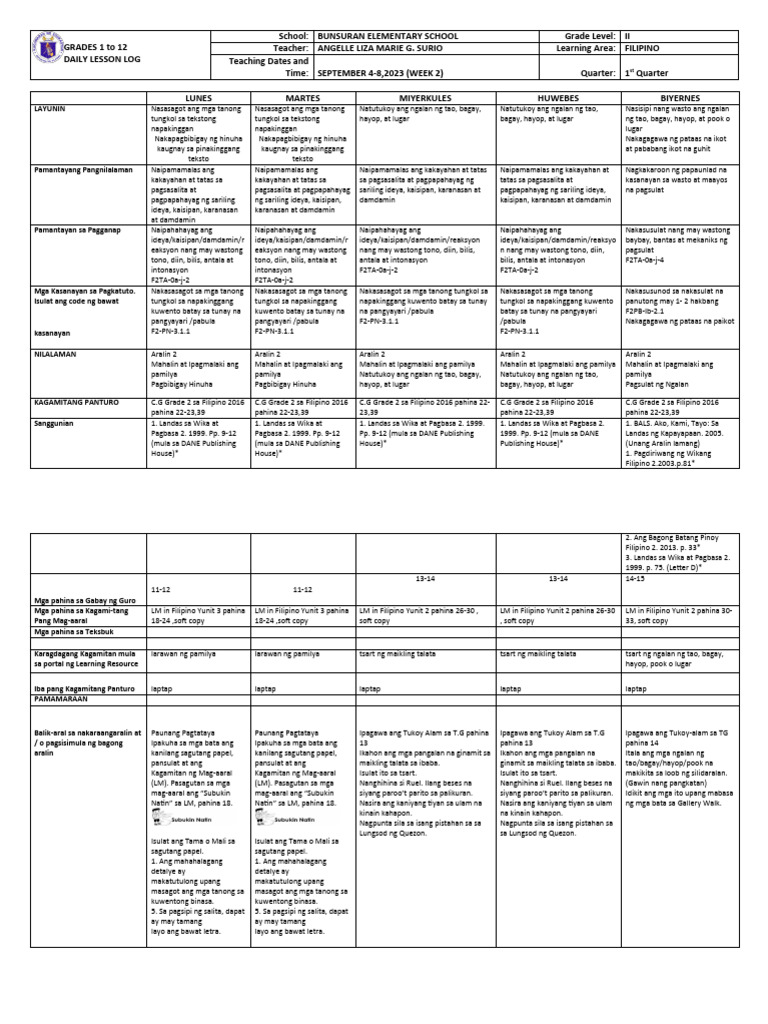 Gr.2 FILIPINO 2 - Q1 - W2 DLL | PDF