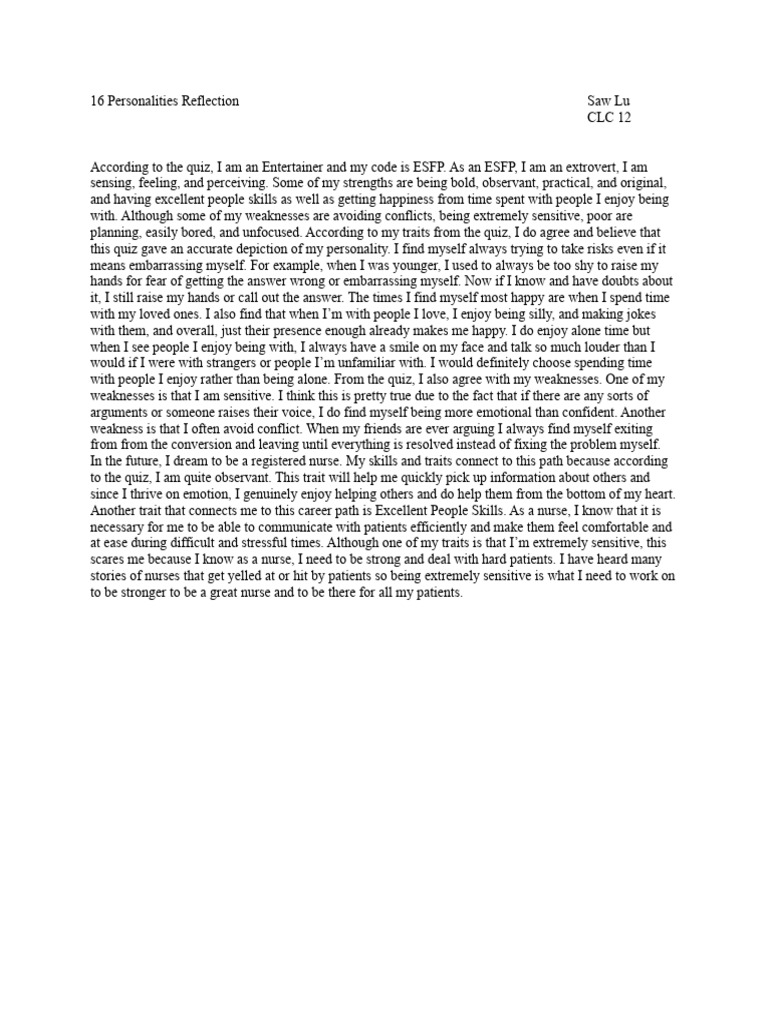 16 Personalities Reflection | PDF | Nursing | Extraversion And Introversion