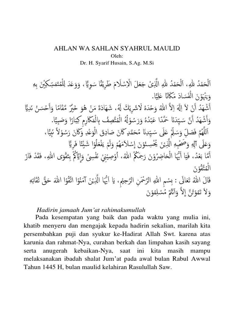 Khutbah Jum'at, Ahlan Wa Sahlan Syahrul Maulid | PDF