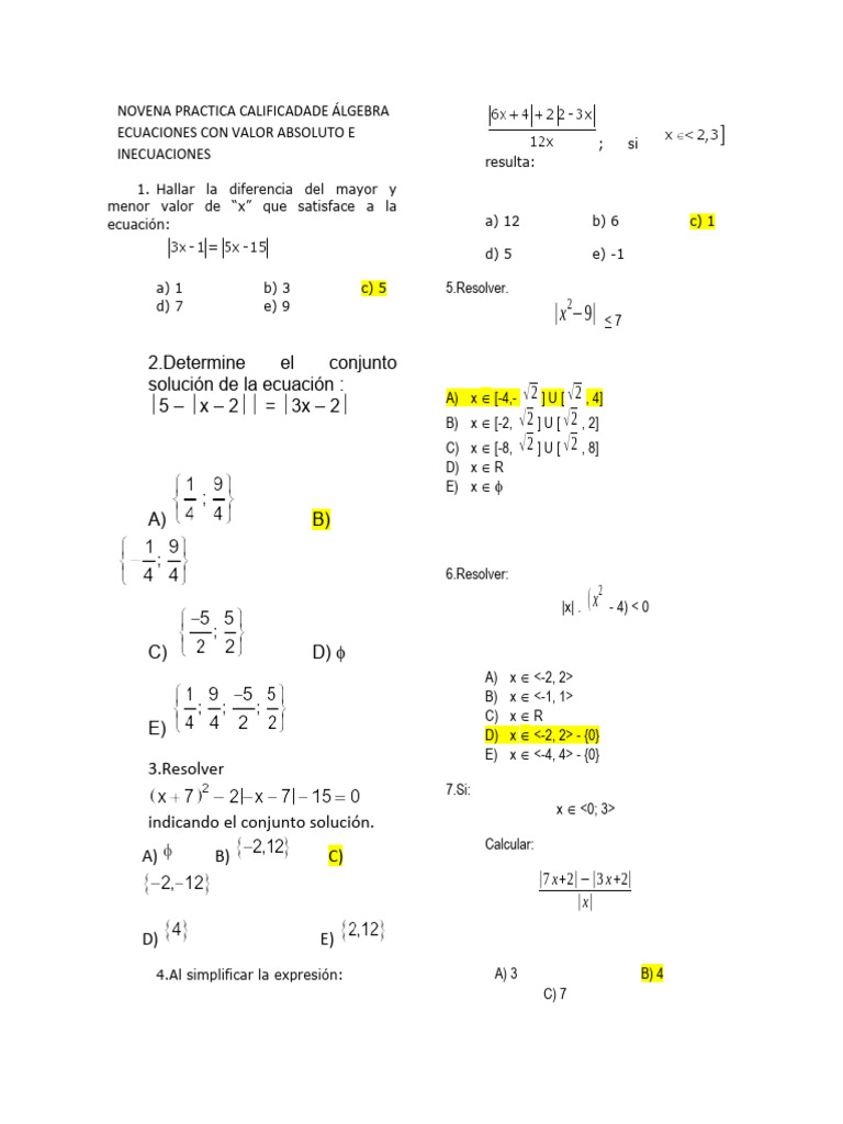 Novena Practica Calificada de Álgebra | PDF
