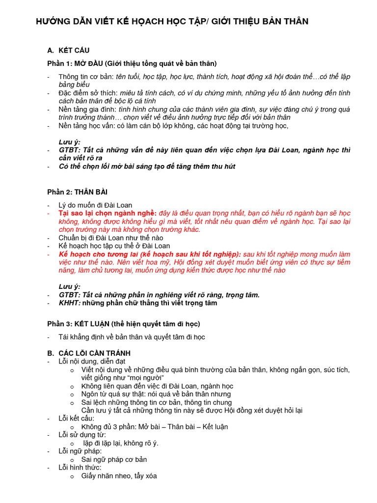 Hướng dẫn viết KHHT - Giới thiệu bản thân | PDF