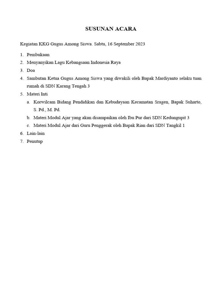 SUSUNAN ACARA KKG | PDF