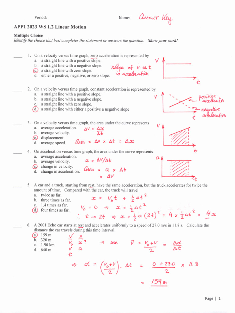 APP1+2023+WS+1 2+Linear+Motion+Answer+Key | PDF