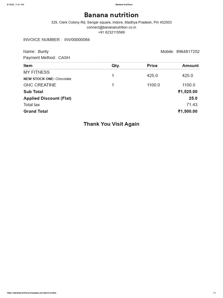Banana Nutrition Invoice Details | PDF