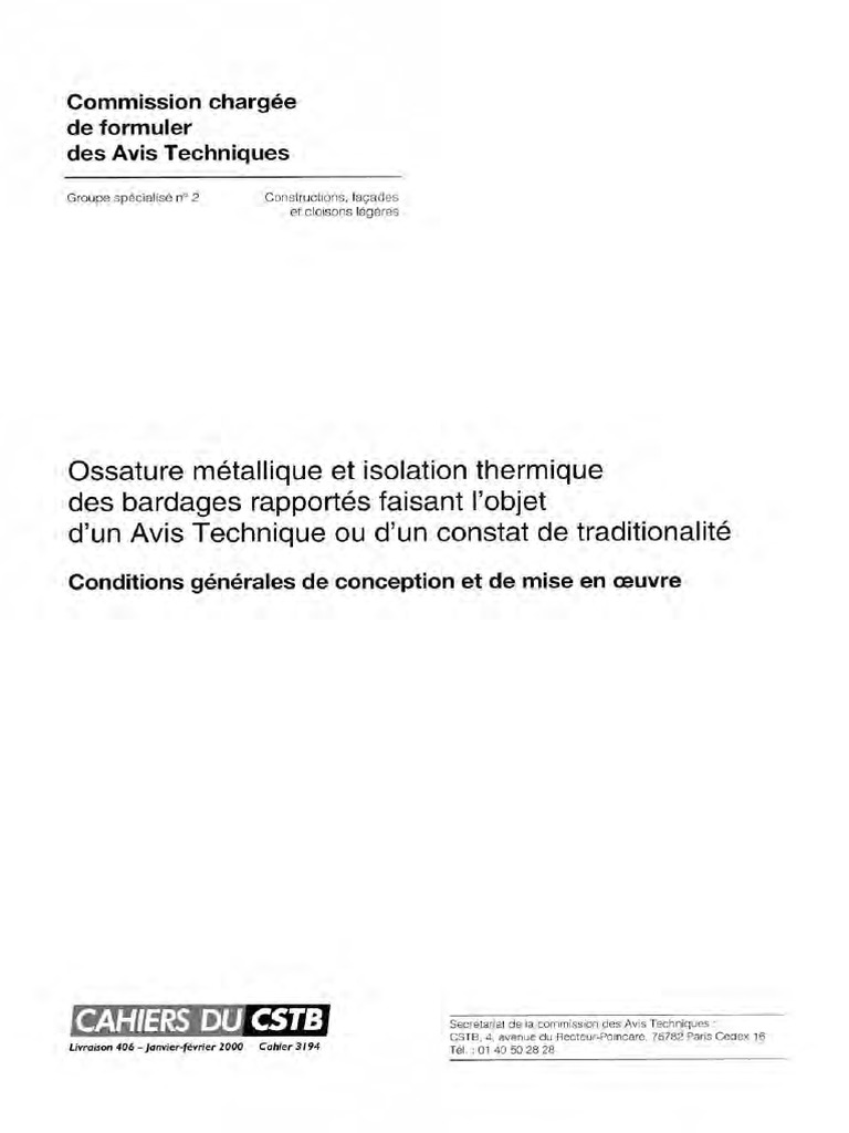 CAHIER DU CSTB 3194 Ossature Métallique | PDF
