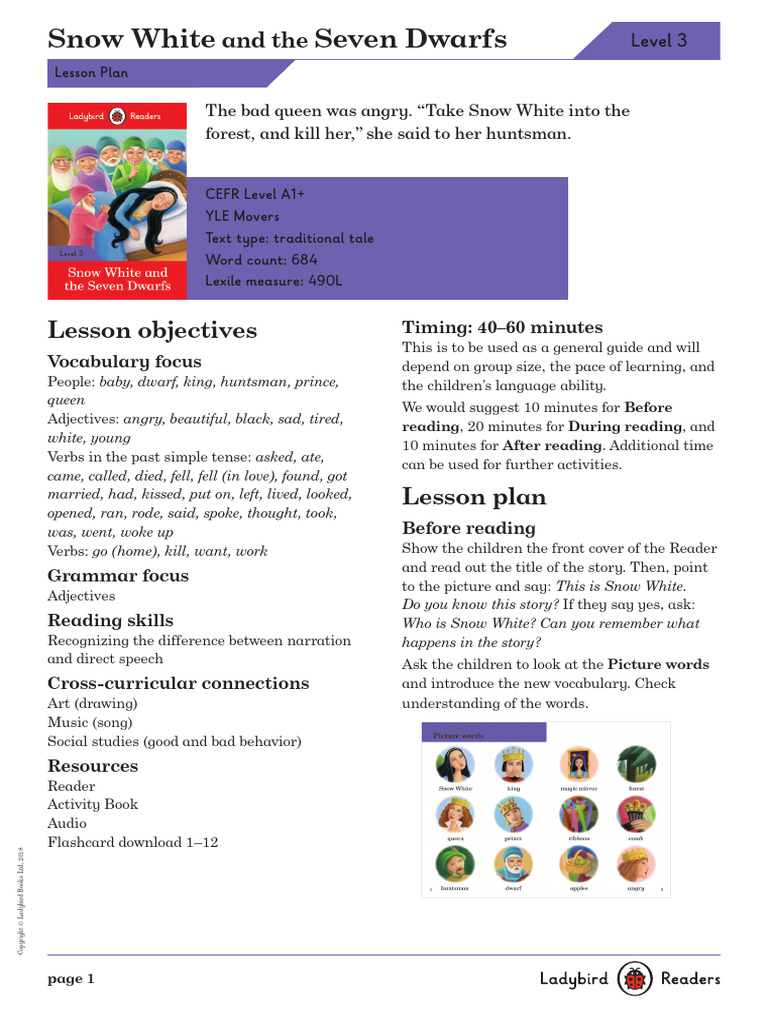Snow White and The Seven Dwarfs Lesson Plan LADYBIRD READERS LEVEL 3 | PDF