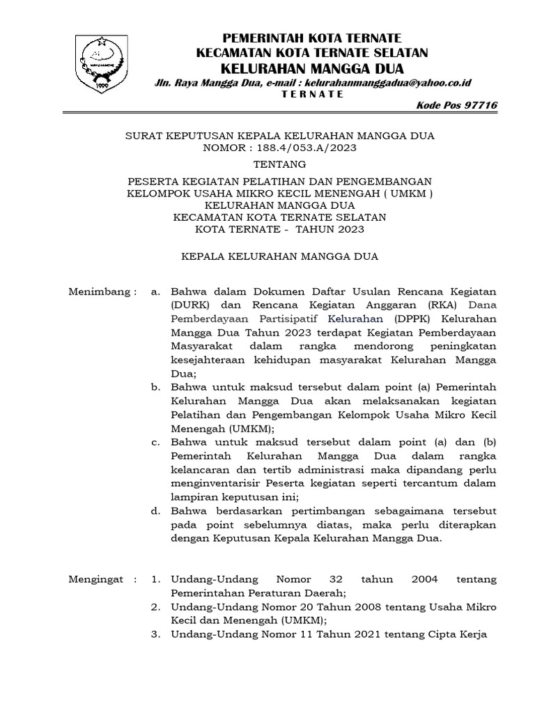 SK Peserta Pelatihan Dan Pengembangan Kelompok Umkm | PDF