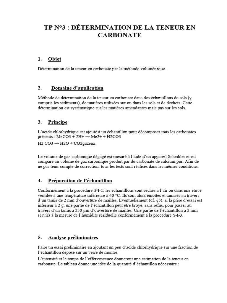Détermination de La Teneur en Carbonate | PDF Détermination de La Teneur en Carbonate | PDF