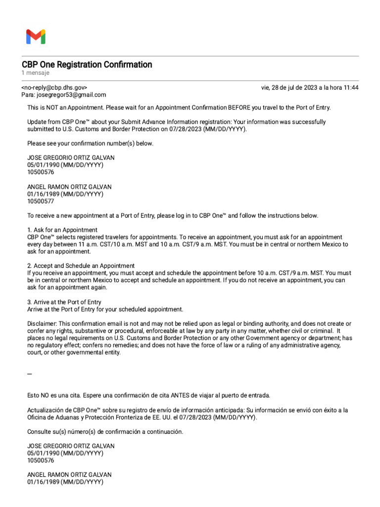 CBP One Registration Confirmation Email | PDF | U.S. Customs And Border ...