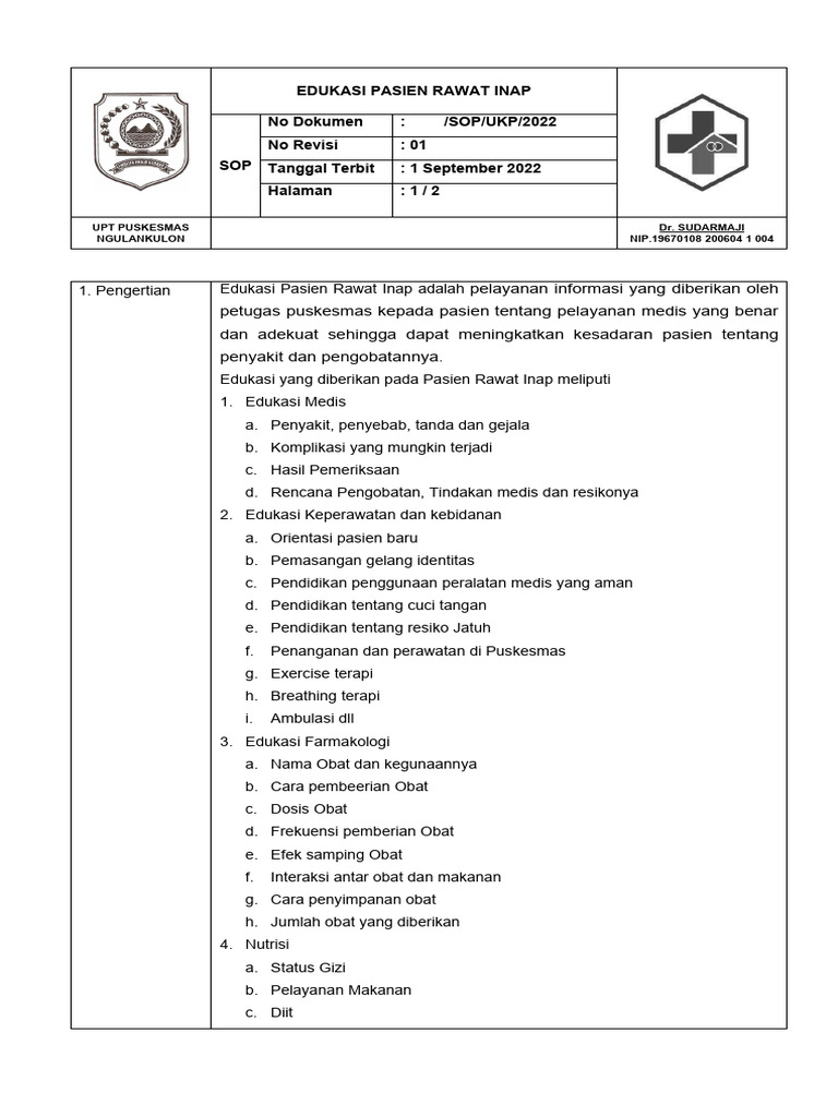 Sop Edukasi PX Ranap 2022 | PDF