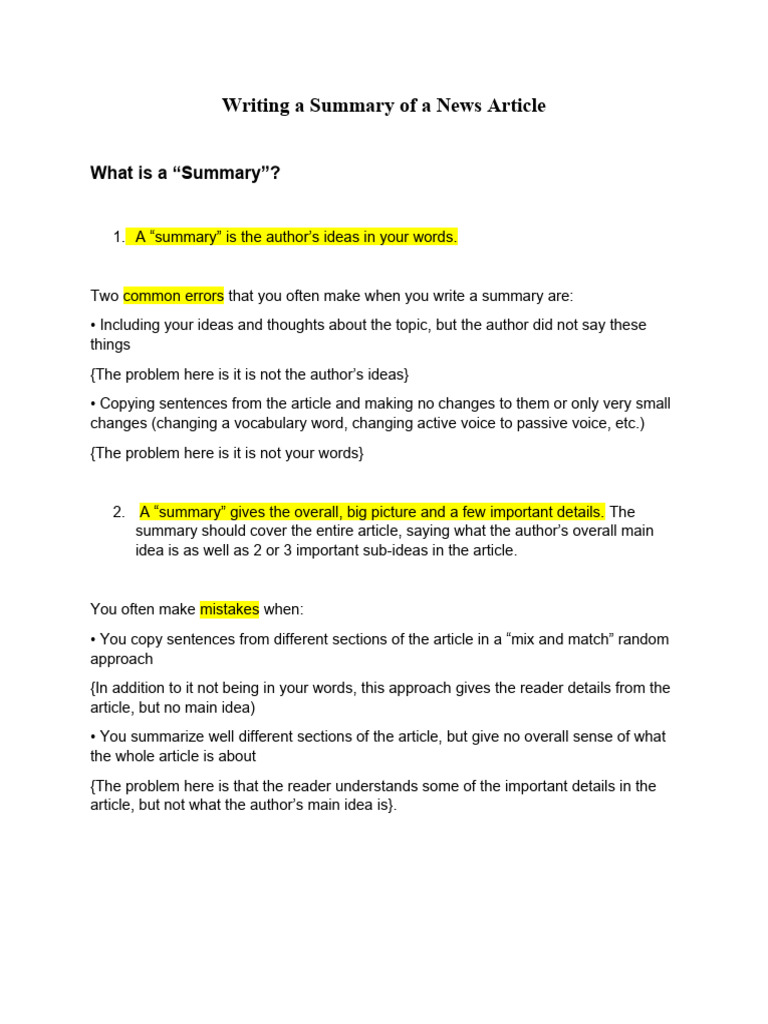 Writing A Summary of A News Article | PDF