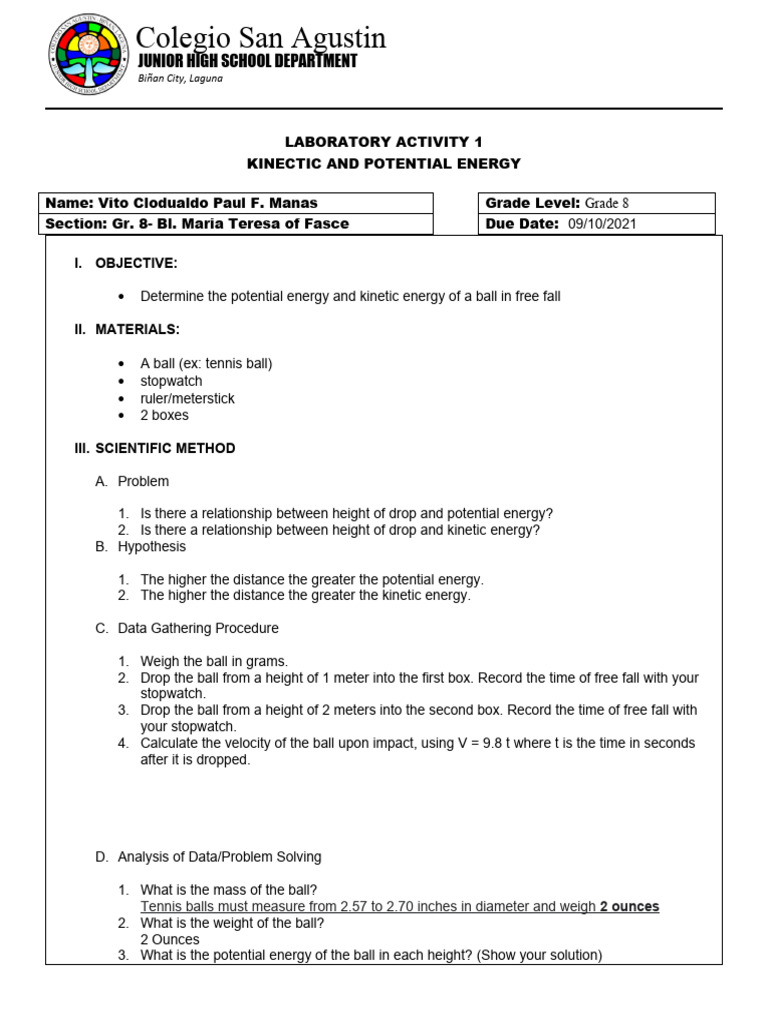 Lab Act 1 - Energy G8-1 | PDF | Kinetic Energy | Mechanics