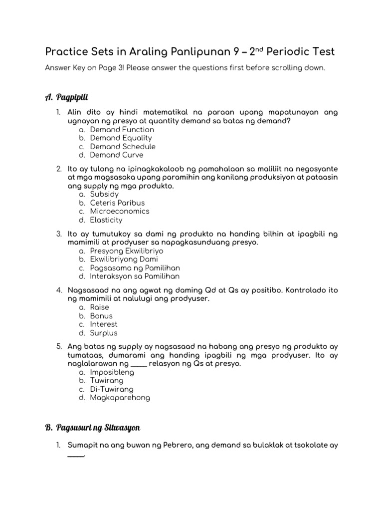 2nd PT Araling Panlipunan Practice Sets | PDF