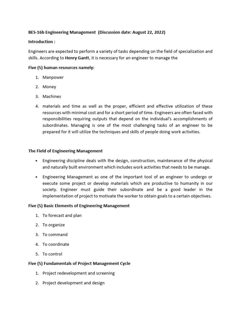 Engineering Management Notes | PDF